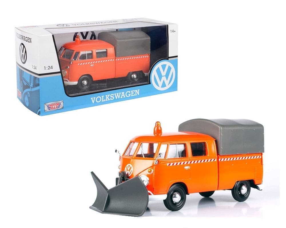 Motormax 1:24 Volkswagen Type 2 (T1) Pickup with Snow Plow (Orange) - M ...